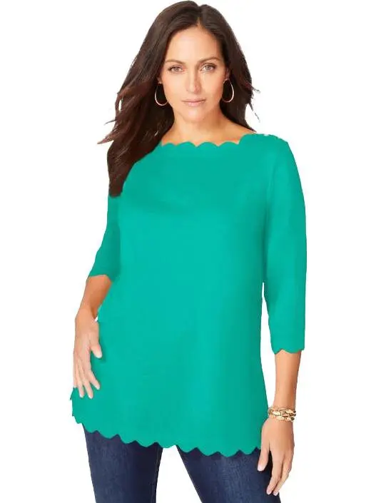 JESSICA LONDON Scallop Trim Boatneck Tunic - Aqua Sea