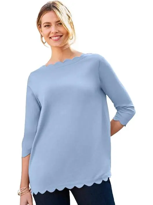 JESSICA LONDON Scallop Trim Boatneck Tunic - Azure Mist