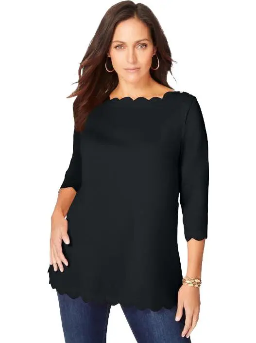 JESSICA LONDON Scalloped Boatneck Tunic With Three-quarter Sleeves - Black