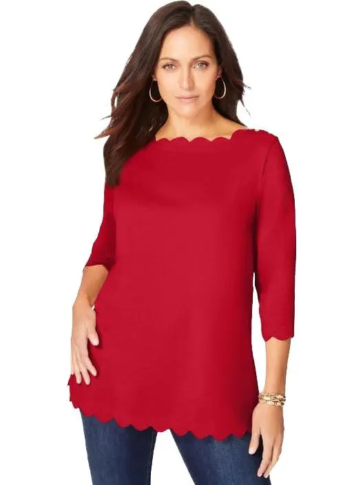 JESSICA LONDON Scallop Trim Boatneck Tunic - Classic Red