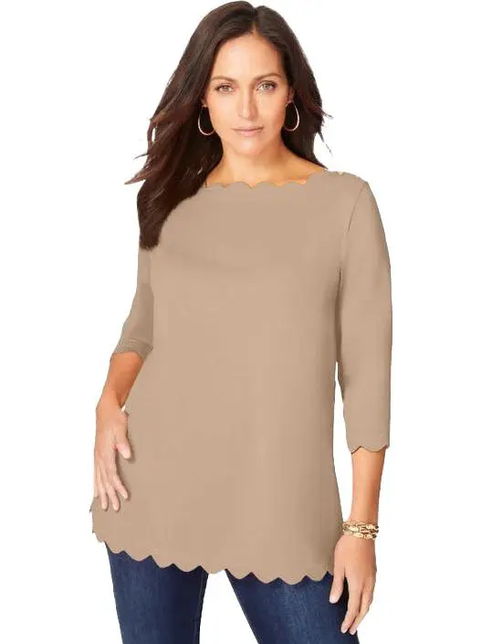 JESSICA LONDON Scallop Trim Boatneck Tunic - New Khaki