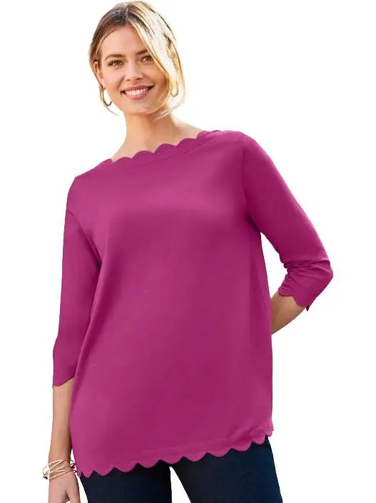 JESSICA LONDON Scalloped Boatneck Tunic With Three-quarter Sleeves - Raspberry