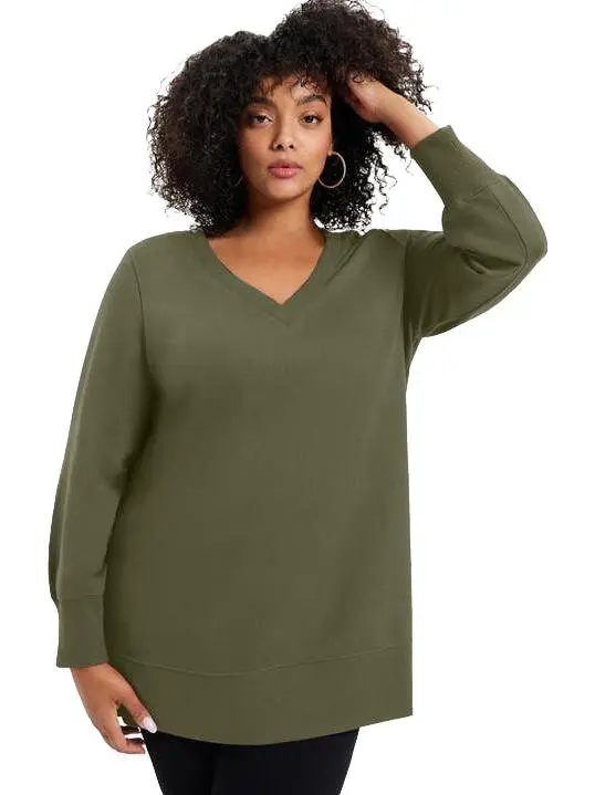 JUNE + VIE V-neck French Terry Sweatshirt - Dark Olive Green