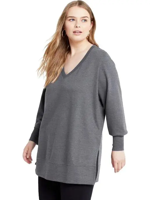 JUNE + VIE V-neck French Terry Sweatshirt - Medium Heather Grey