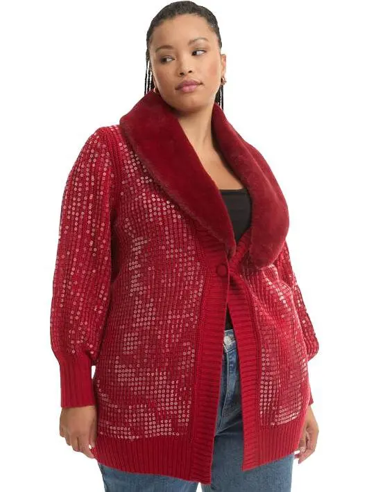 JUNE + VIE Sequin Button-up Sweater With Faux-fur Collar - Bold Red