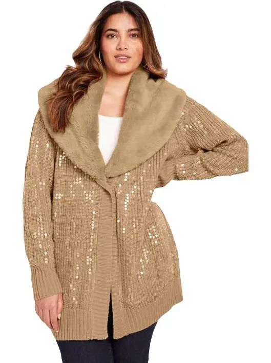 JUNE + VIE Sequin Button-up Sweater With Faux-fur Collar - Soft Camel