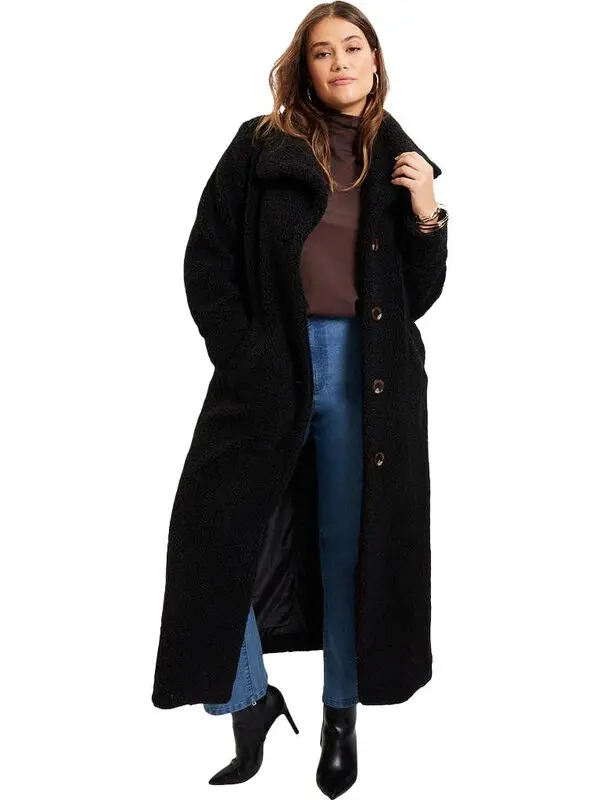 JUNE + VIE Maxi Teddy Fleece Coat - Black