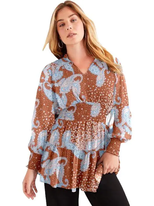 JUNE + VIE Smocked Georgette Tunic - Fall Paisley Copper