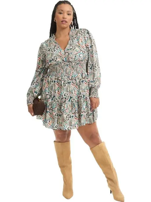 JUNE + VIE Smocked Georgette Tunic With V-neckline - Paisley Neutral