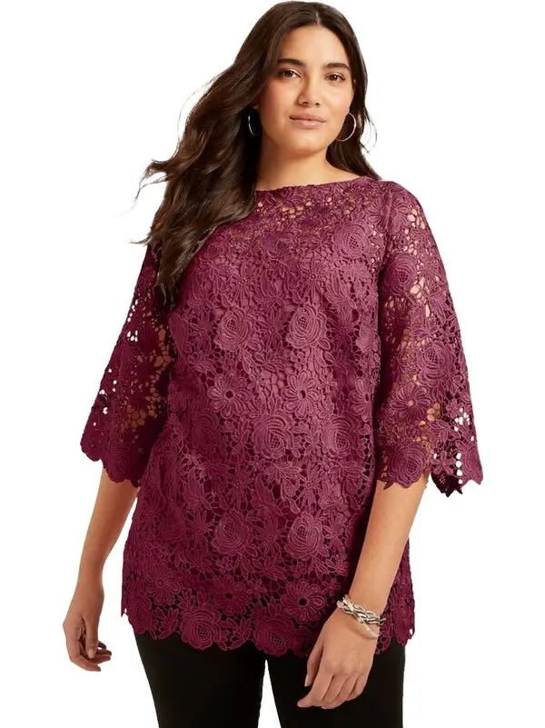 JUNE + VIE Allover Lace Top - Merlot
