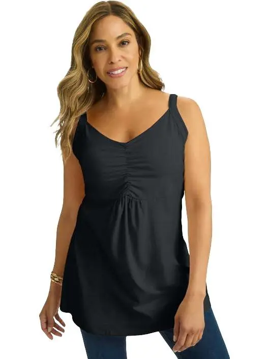 JESSICA LONDON Stretch Cotton Shirred Tank - Black