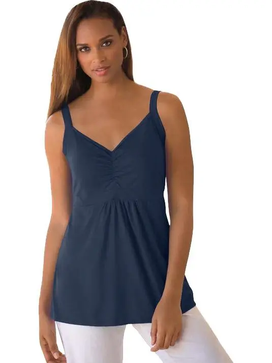 JESSICA LONDON Stretch Cotton Shirred Tank - Navy