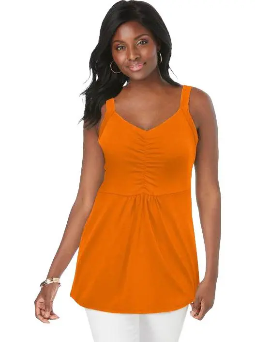 JESSICA LONDON Stretch Cotton Shirred Tank - Ultra Orange