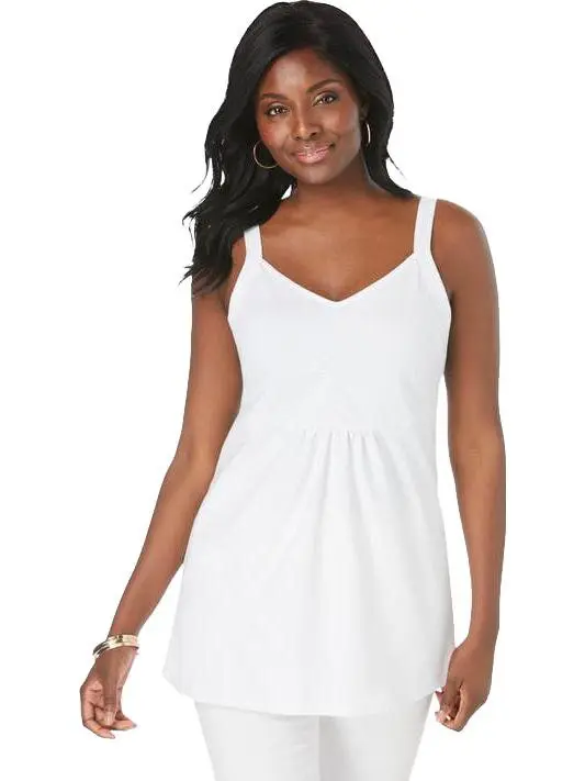 JESSICA LONDON Stretch Cotton Shirred Tank - White