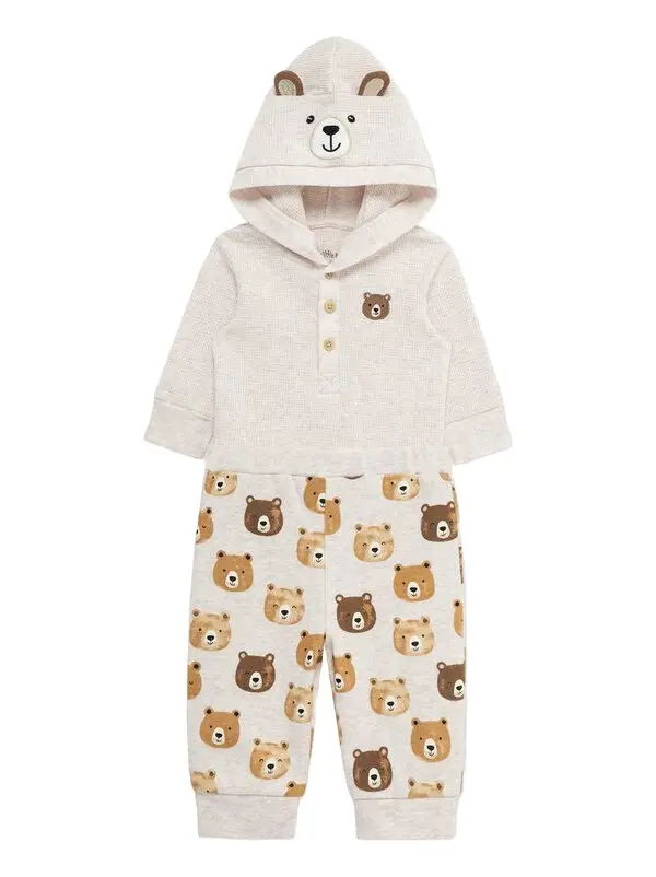 LITTLE ME Bear Hooded Bodysuit & Joggers Set - Oatmeal