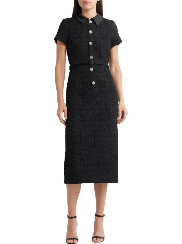 Likely Bardot Crystal Button Tweed Midi Dress - Black
