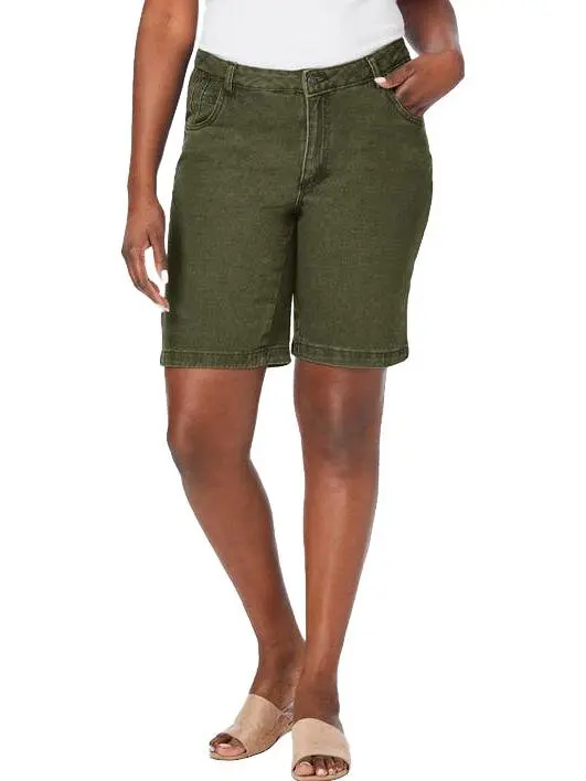 JESSICA LONDON Classic Cotton Denim Shorts - Dark Olive Green