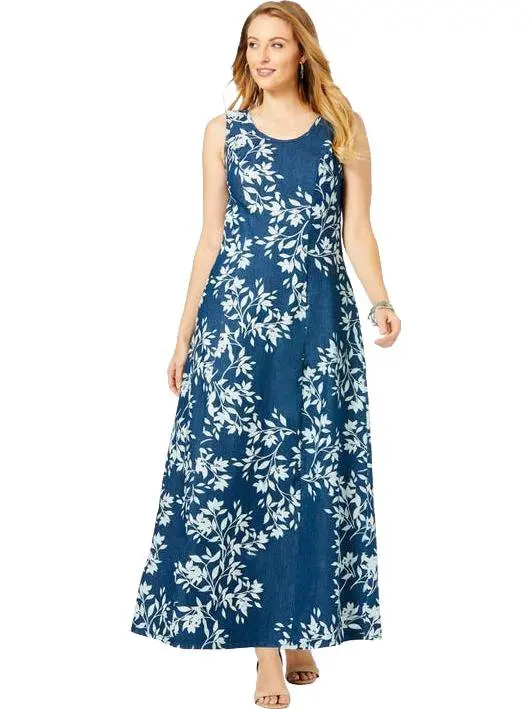 JESSICA LONDON Denim Maxi Dress - Medium Stonewash Leaf