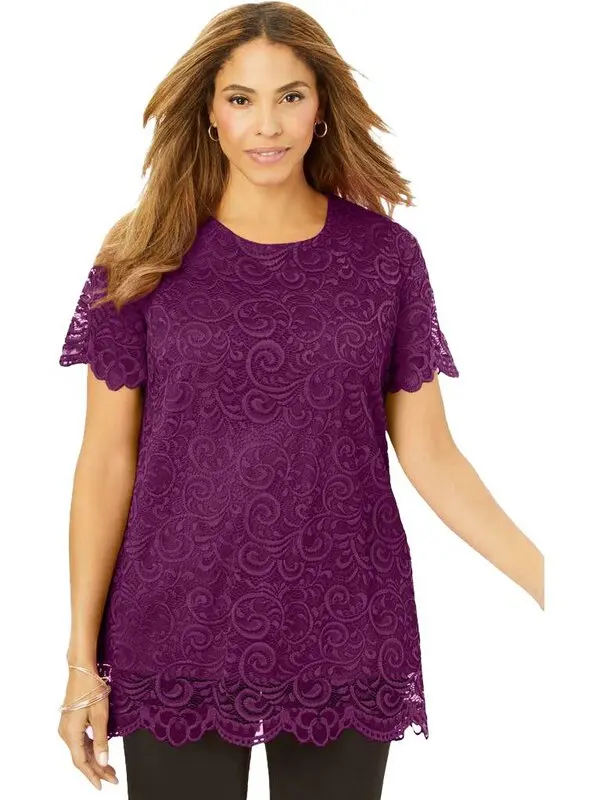 JESSICA LONDON Stretch Lace Tunic - Dark Berry