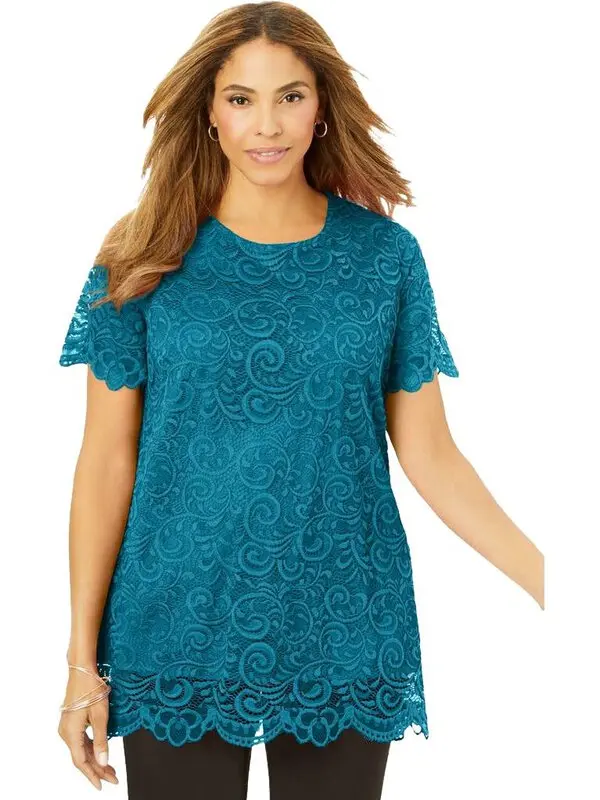 JESSICA LONDON Stretch Lace Tunic - Deep Teal