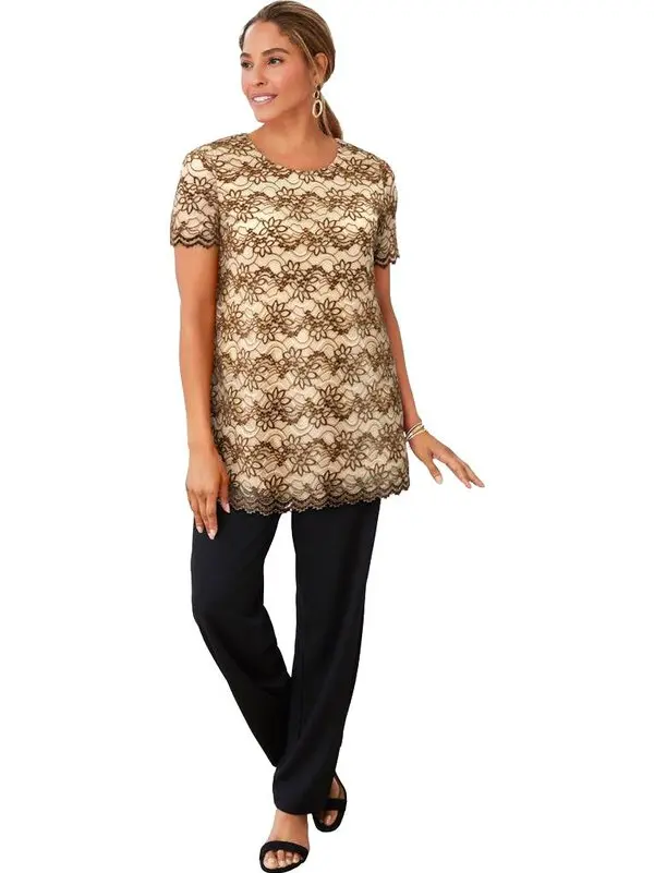 JESSICA LONDON Stretch Lace Tunic - Khaki Brown