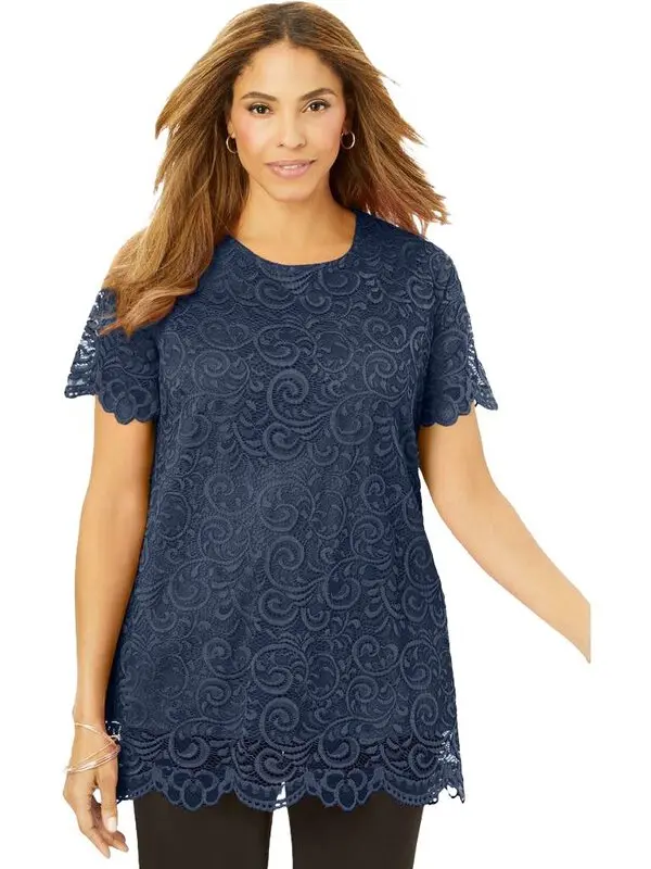 JESSICA LONDON Stretch Lace Tunic With Scoop Neckline - Navy
