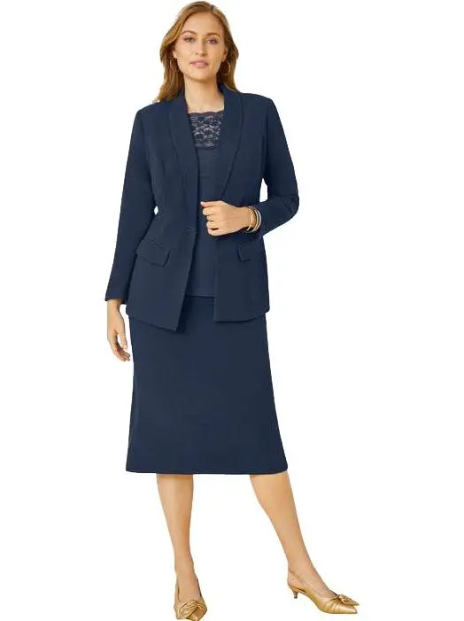 JESSICA LONDON Stretch Crepe Skirt Suit - Navy