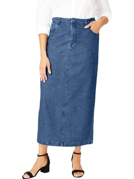 JESSICA LONDON Classic Cotton Denim Midi Skirt - Medium Stonewash