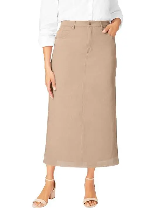 JESSICA LONDON Classic Cotton Denim Midi Skirt - New Khaki