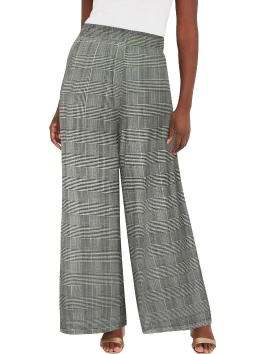 JESSICA LONDON Stretch Knit Wide Leg Pant - Black Ivory Glen Plaid