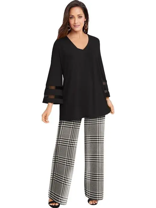 JESSICA LONDON Stretch Knit Wide Leg Pant - Neutral Plaid