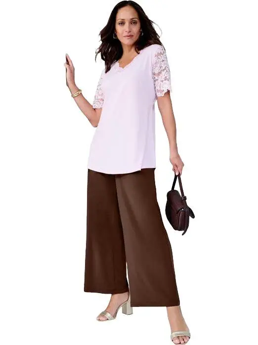 JESSICA LONDON Stretch Knit Wide Leg Pant - Rich Brown