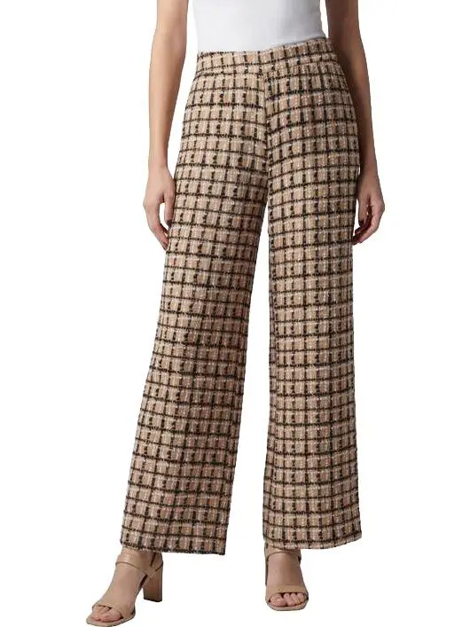 JESSICA LONDON Stretch Knit Wide Leg Pant - Soft Camel Abstract Grid
