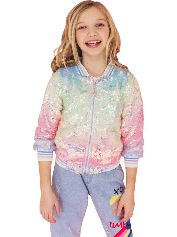 LOLA + THE BOYS Sequin Ombre Bomber Jacket - Teal Multicolor