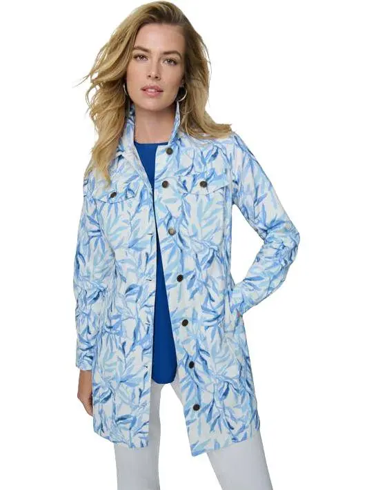 JESSICA LONDON Long Denim Jacket - Blue Watercolor Palms