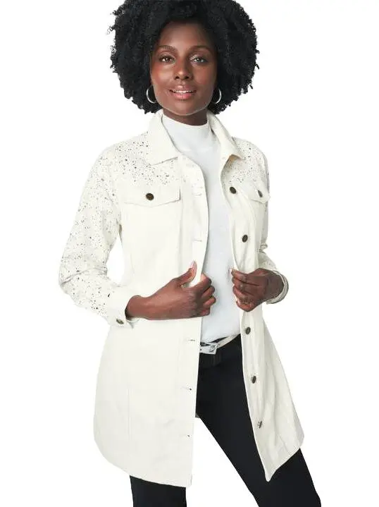 JESSICA LONDON Long Denim Jacket - Ivory Foil Dot