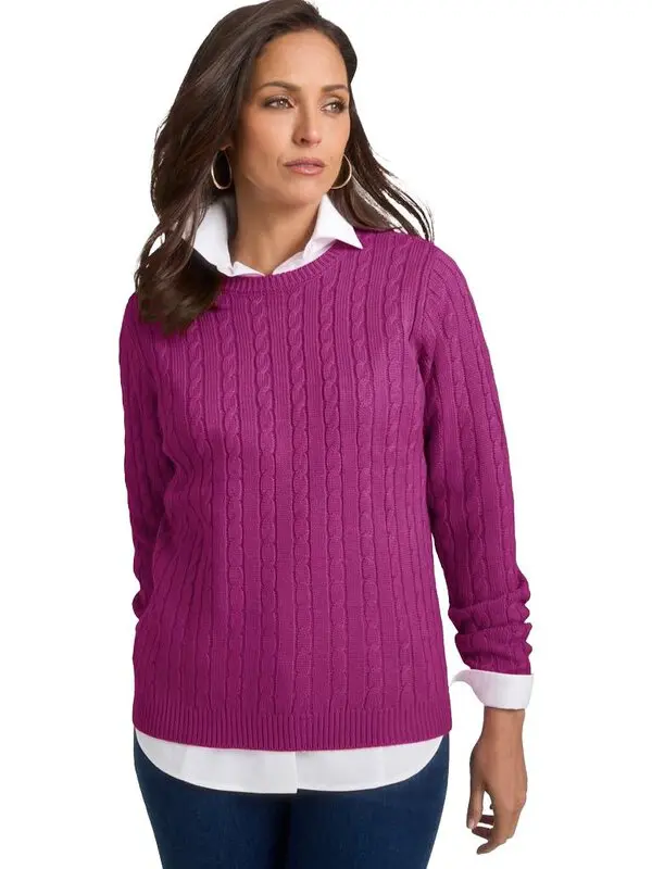 JESSICA LONDON Cable Crewneck Sweater - Deep Orchid