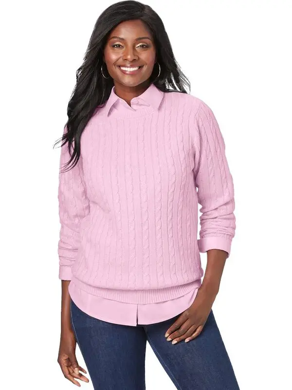 JESSICA LONDON Cable Knit Crewneck Sweater - Pink