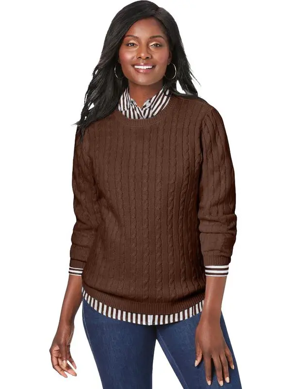 JESSICA LONDON Cable Crewneck Sweater - Rich Brown