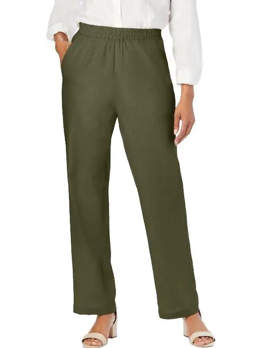 JESSICA LONDON Linen-blend Straight-leg Pants - Dark Olive Green