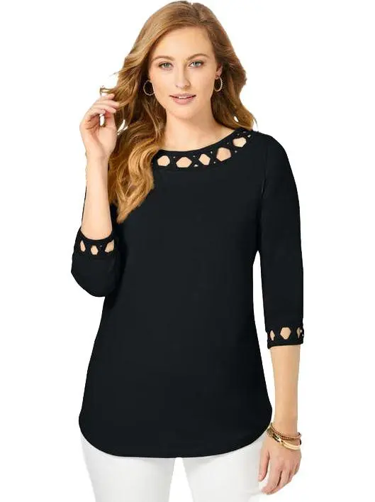 JESSICA LONDON Stretch Cotton Lattice Boatneck Tunic - Black