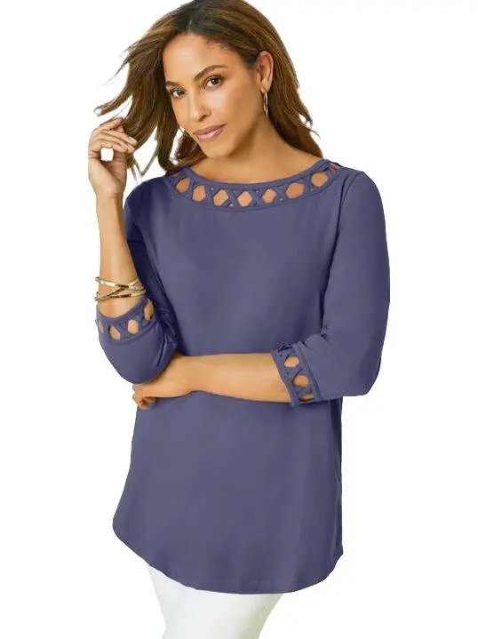 JESSICA LONDON Stretch Cotton Lattice Boatneck Tunic - Deep Dusk