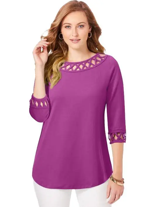 JESSICA LONDON Stretch Cotton Lattice Boatneck Tunic - Deep Orchid