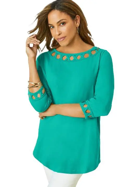 JESSICA LONDON Stretch Cotton Lattice Boatneck Tunic - Deep Teal