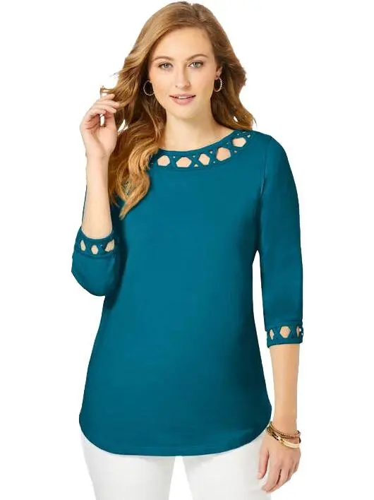 JESSICA LONDON Stretch Cotton Lattice Boatneck Tunic - Deep Teal