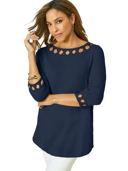 JESSICA LONDON Stretch Cotton Lattice Boatneck Tunic - Navy