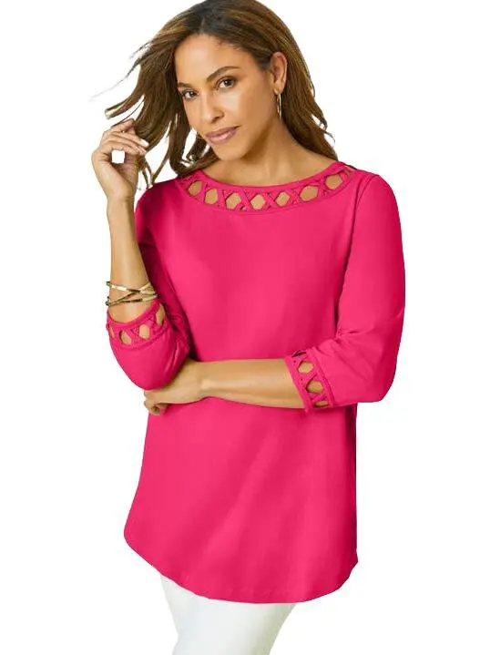 JESSICA LONDON Stretch Cotton Lattice Boatneck Tunic - Pink Burst