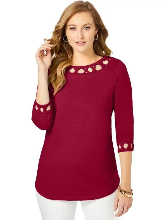 JESSICA LONDON Stretch Cotton Lattice Boatneck Tunic - Rich Burgundy