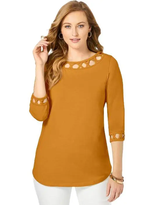 JESSICA LONDON Stretch Cotton Lattice Boatneck Tunic - Rich Gold