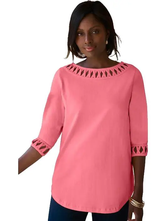 JESSICA LONDON Stretch Cotton Lattice Boatneck Tunic - Tea Rose